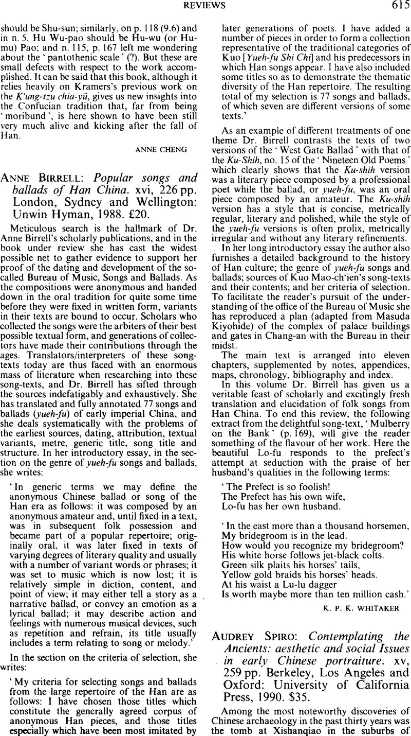 Anne Birrell: Popular songs and ballads of Han China, xvi, 226 pp ...