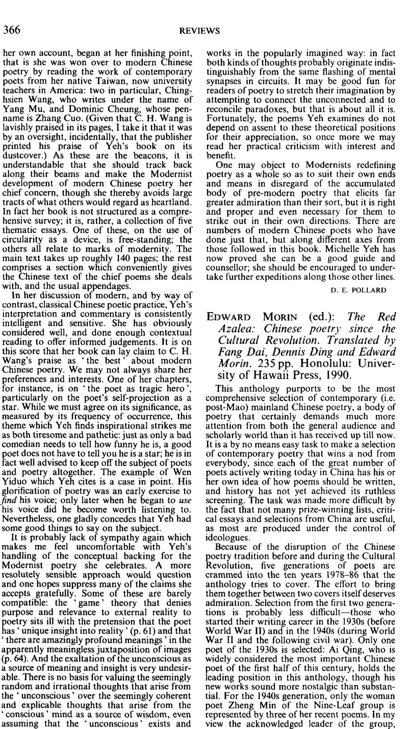 Edward Morin (ed.): The Red Azalea: Chinese poetry since the Cultural ...
