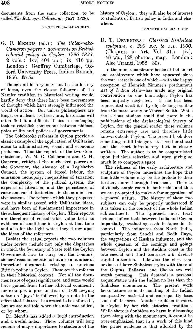 G. C. Mendis (ed.): The Colebrooke-Cameron papers: documents on British ...
