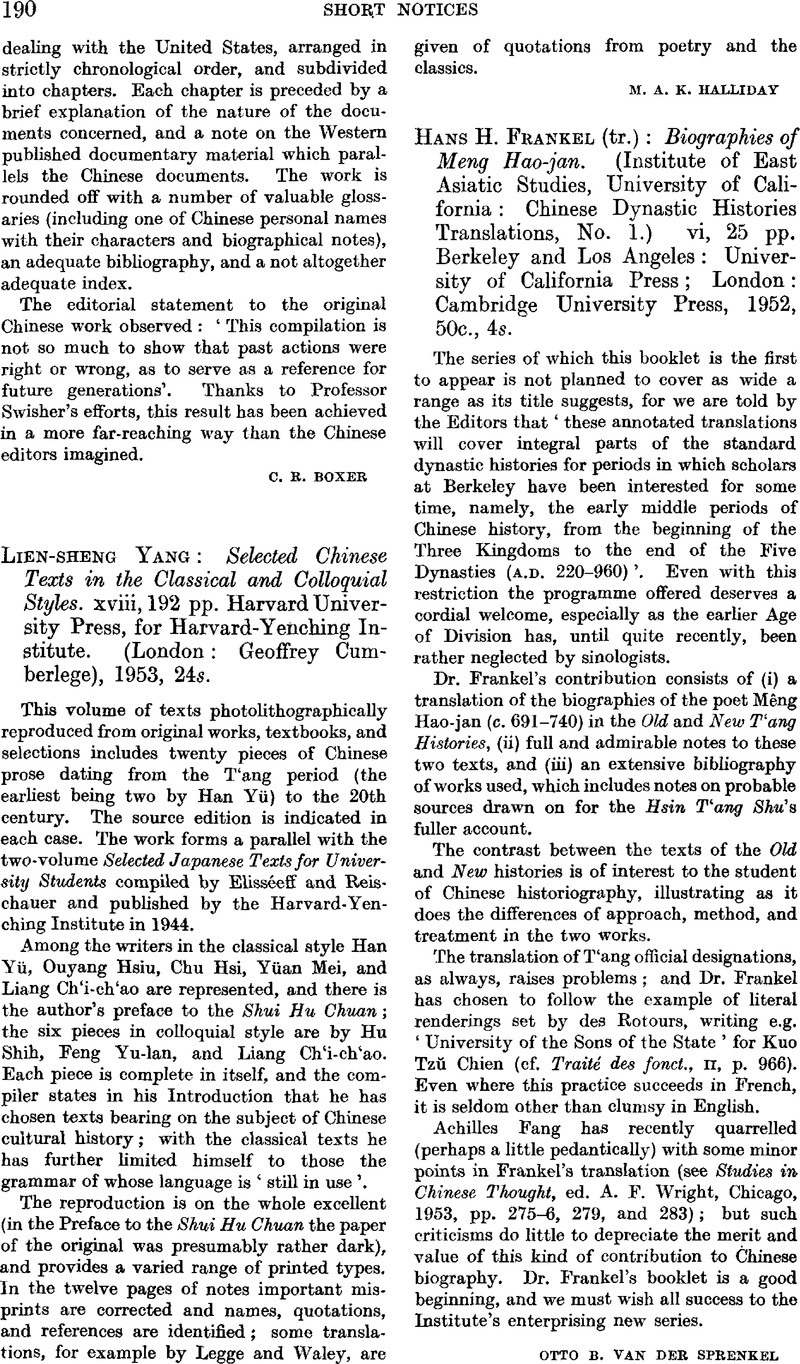 Hans H. Frankel (tr.): Biographies of Meng Hao-jan. (Institute of East ...