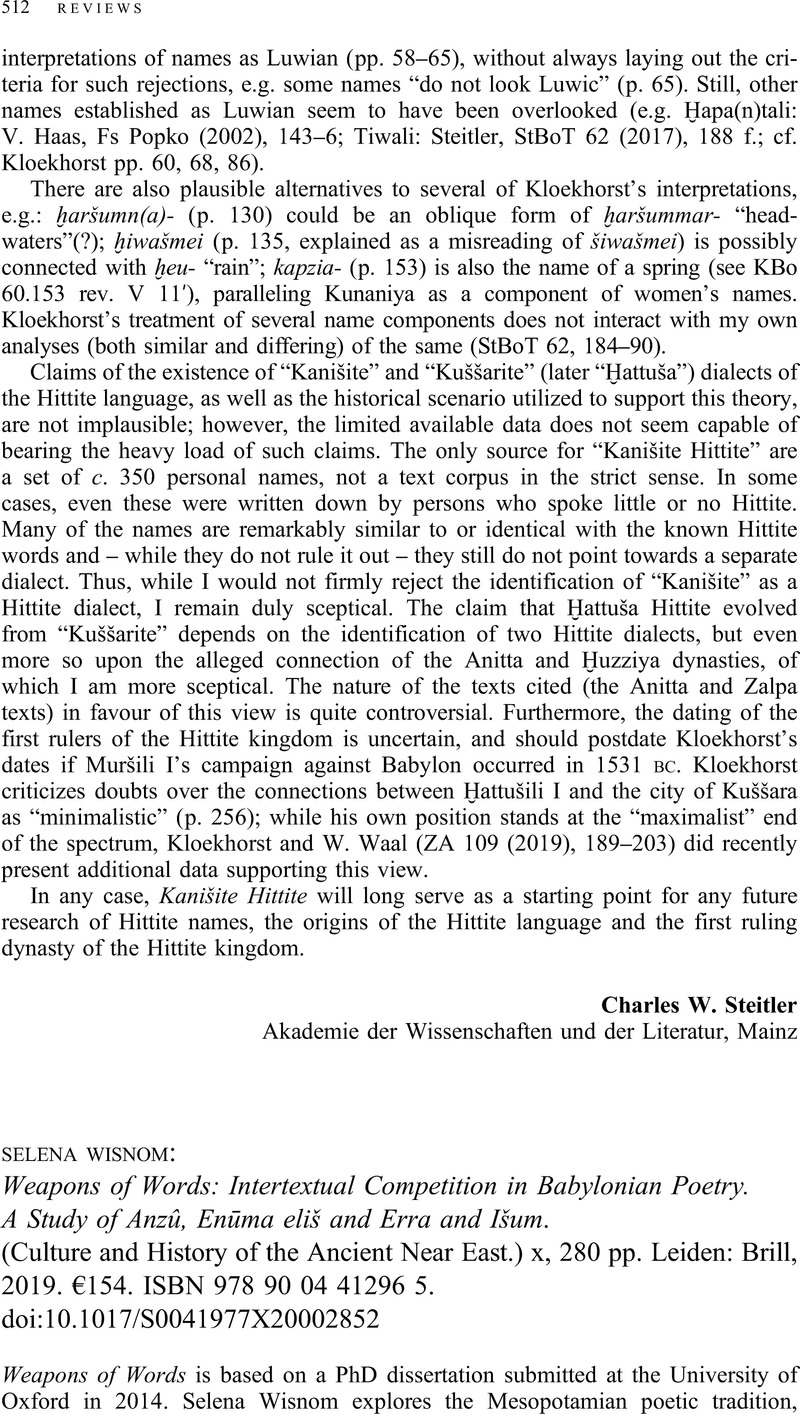 Selena Wisnom: Weapons of Words: Intertextual Competition in Babylonian ...