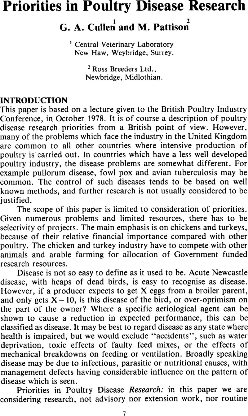 Priorities in Poultry Disease Research | World's Poultry Science ...