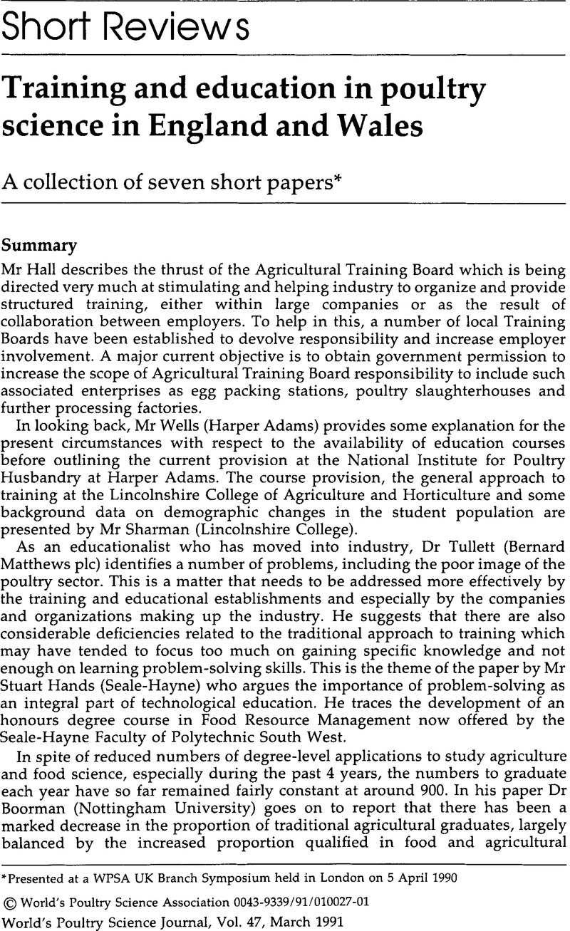 Training and education in poultry science in England and Wales | World ...