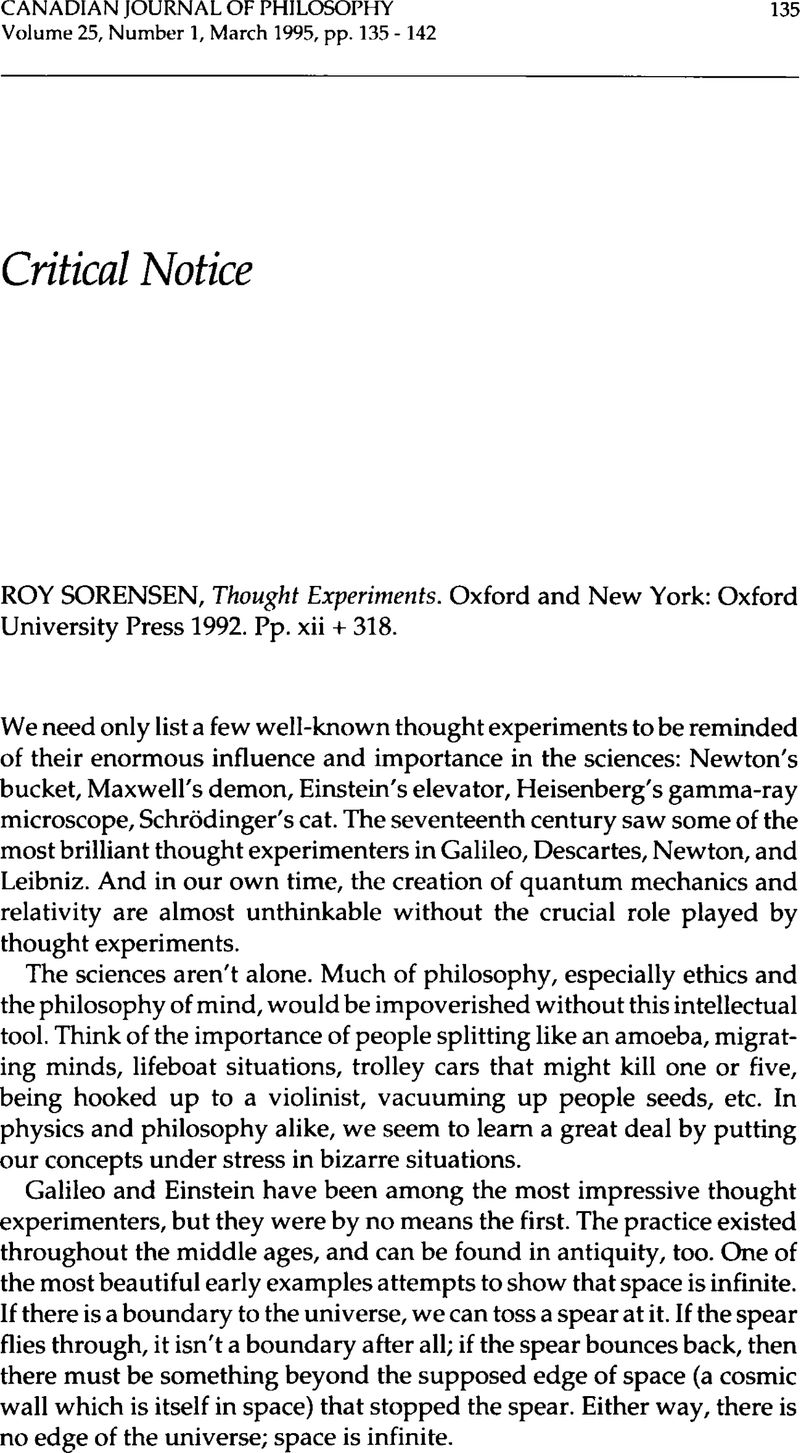 Roy Sorensen, Thought Experiments. Oxford and New York: Oxford ...