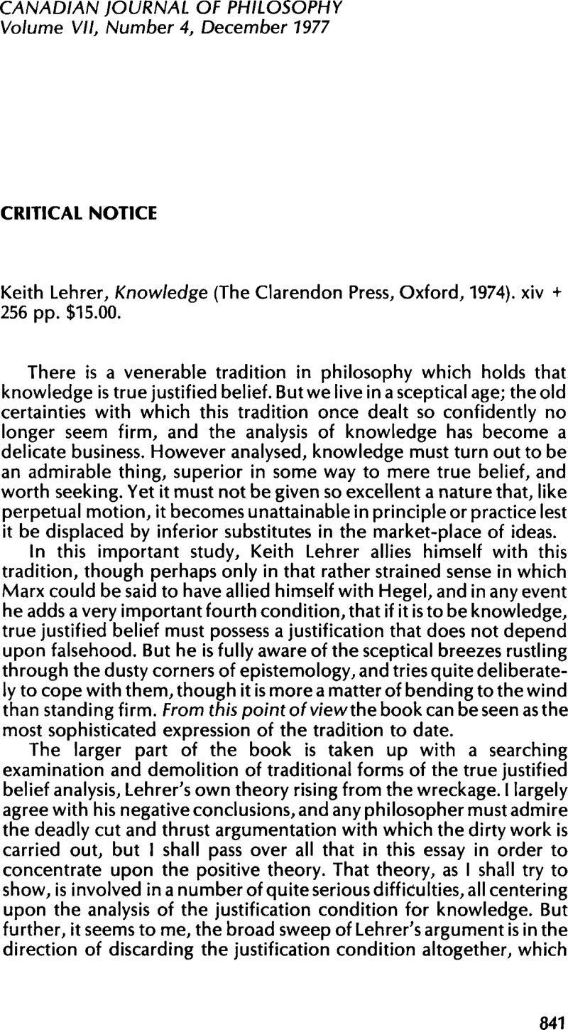 Keith Lehrer Knowledge (The Clarendon Press, Oxford, 1974). xiv + 256 ...