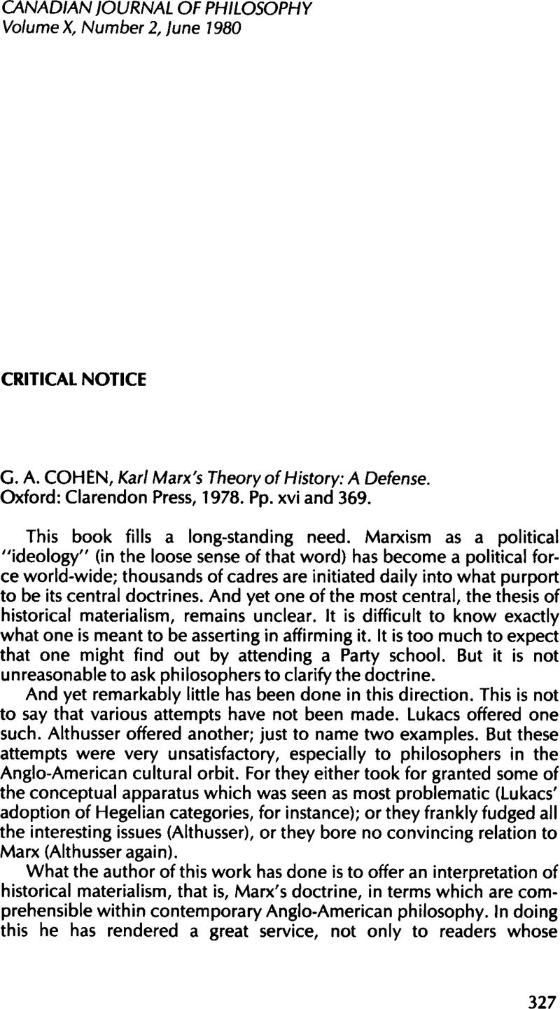 G. A. Cohen Karl Marx's Theory of History: A Defense. Oxford: Clarendon ...