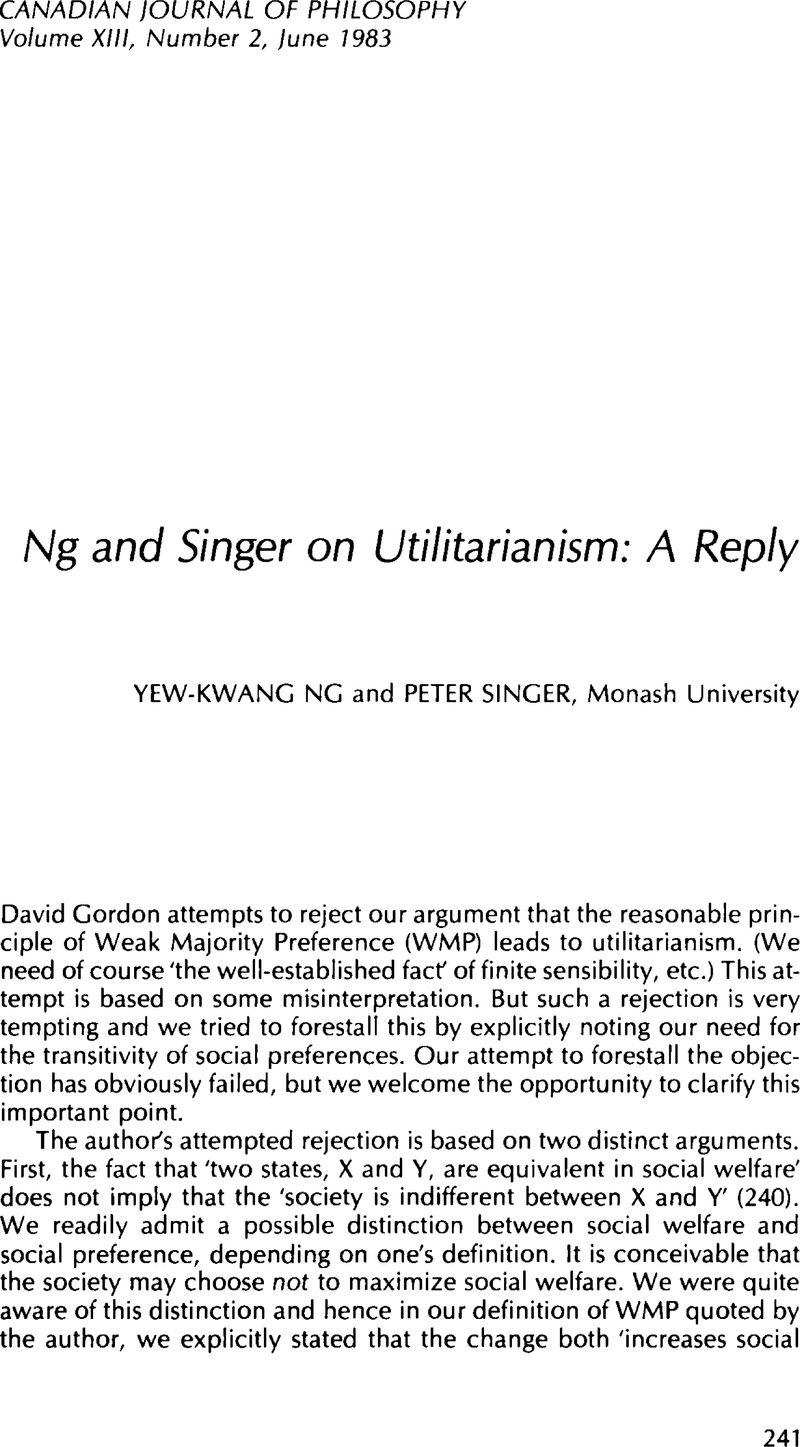 Ng and Singer on Utilitarianism: A Reply | Canadian Journal of ...