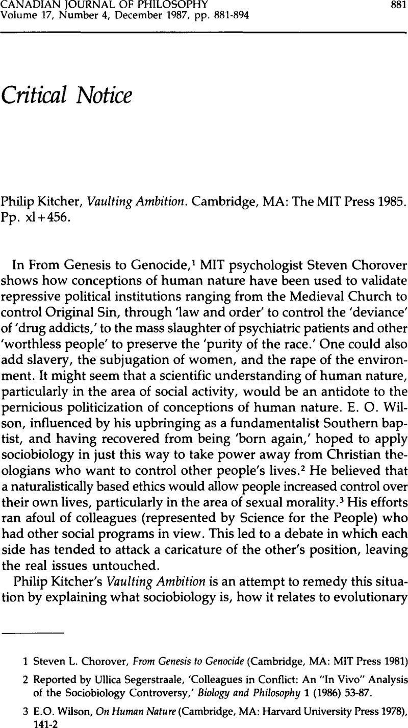 Philip Kitcher, Vaulting Ambition. Cambridge, MA: The MIT Press 1985 ...