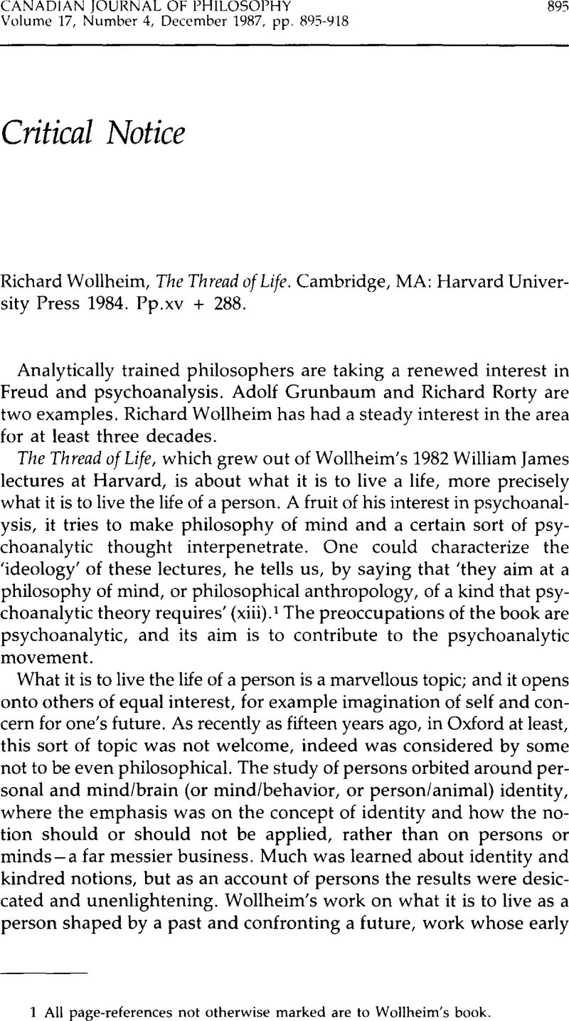 Richard Wollheim, The Thread of Life. Cambridge, MA: Harvard University ...