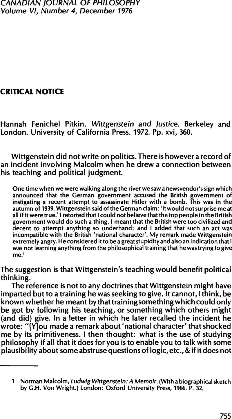 Hannah Fenichel Pitkin. Wittgenstein and Justice. Berkeley and London ...