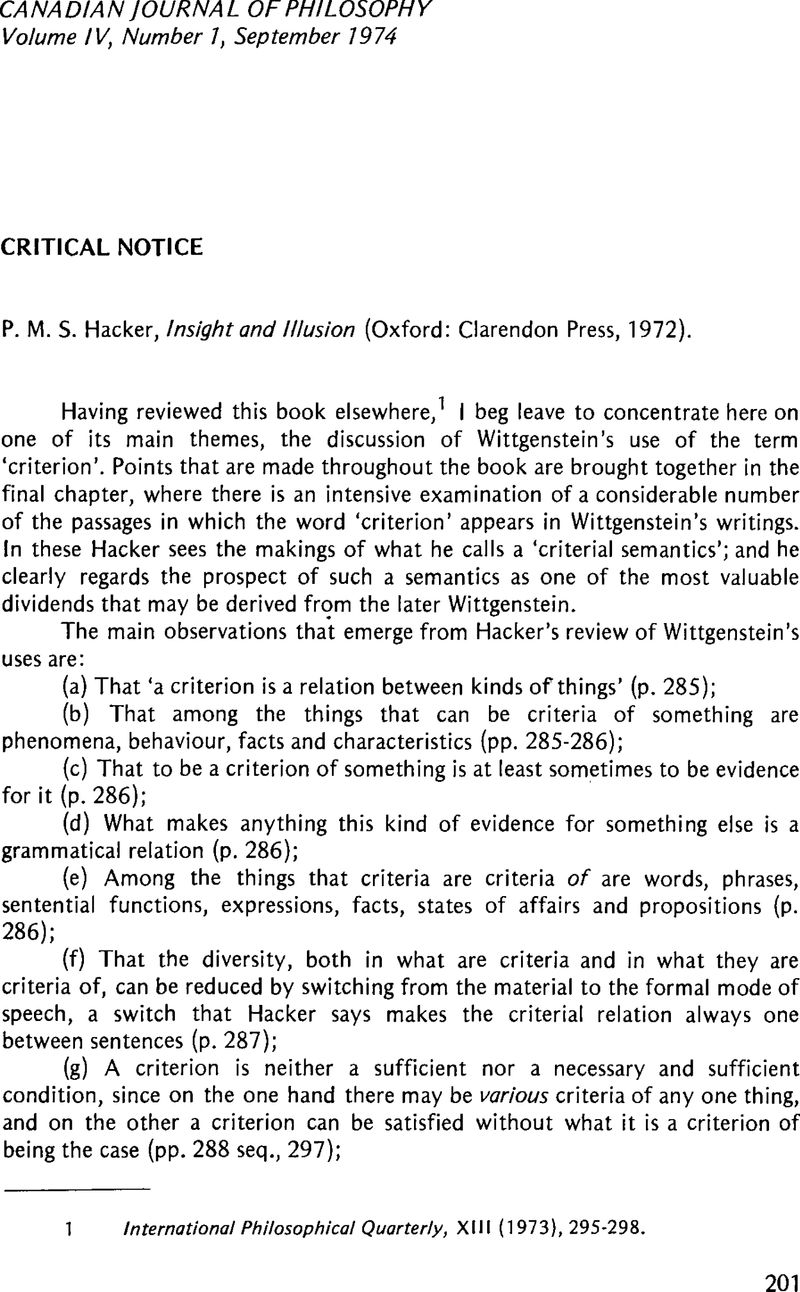 P. M. S. Hacker Insight and Illusion (Oxford: Clarendon Press, 1972). | Canadian Journal of ...