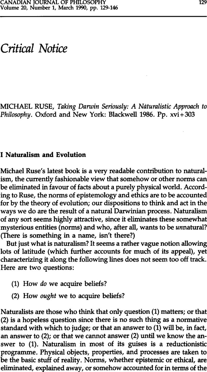 Michael Ruse Taking Darwin Seriously: A Naturalistic Approach to ...