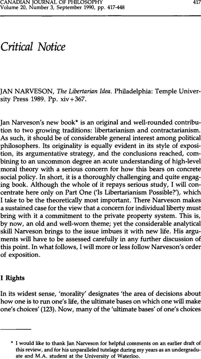 Jan Narveson The Libertarian Idea.Philadelphia: Temple University Press ...