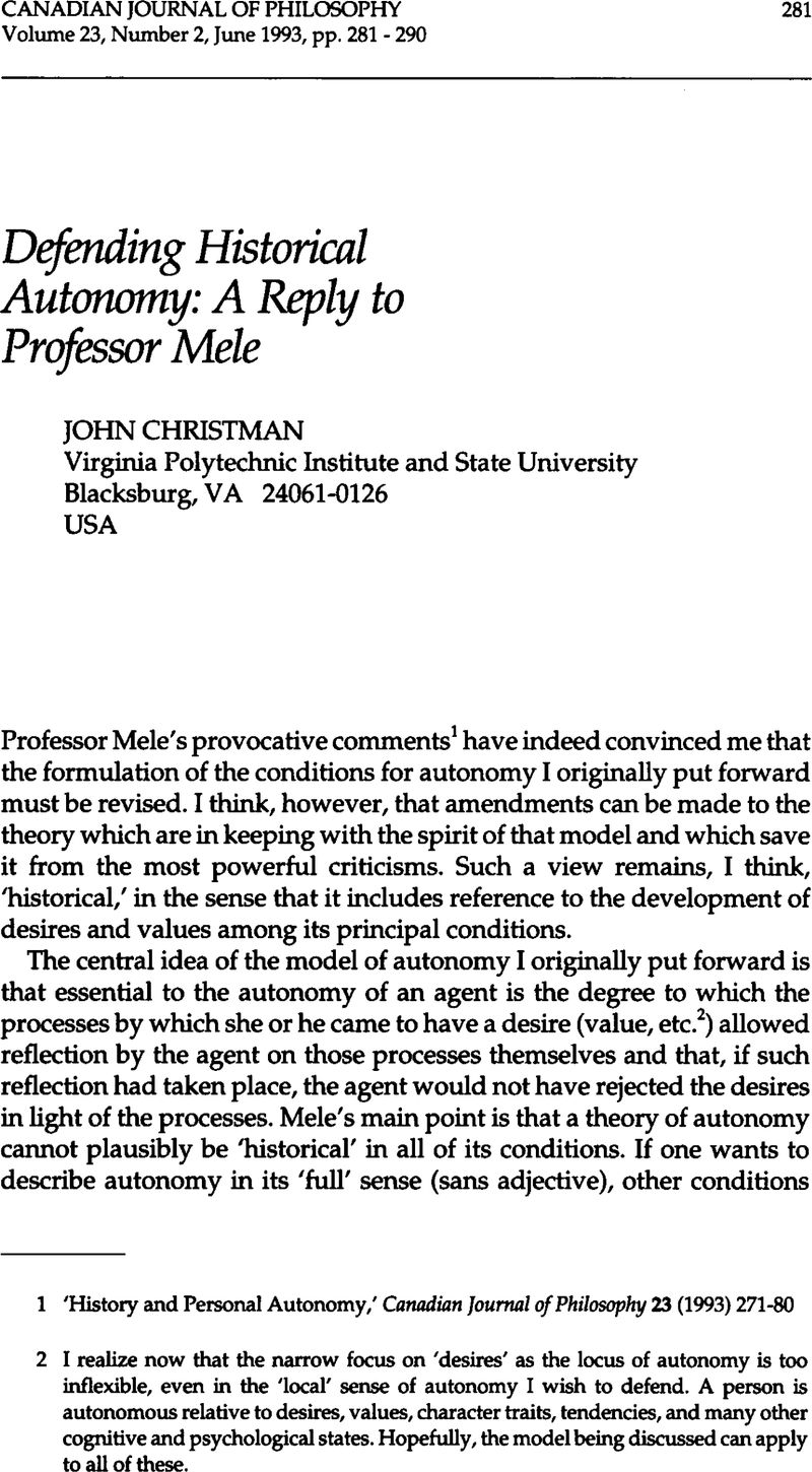 Defending Historical Autonomy: A Reply to Professor Mele | Canadian ...