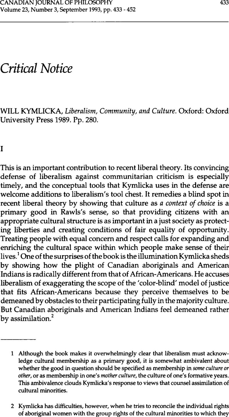 Will Kymlicka Liberalism, Community, and Culture. Oxford: Oxford ...