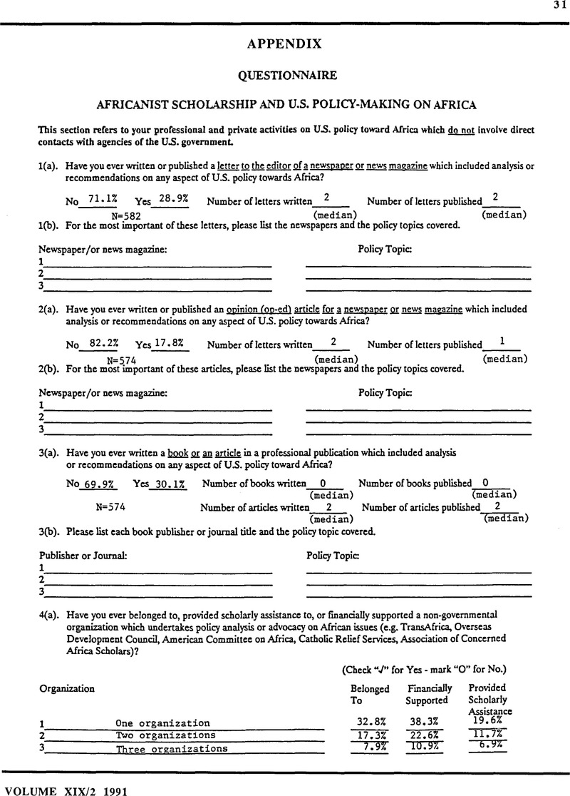 Appendix: Questionnaire: Africanist Scholarship and U.S. Policy-Making ...