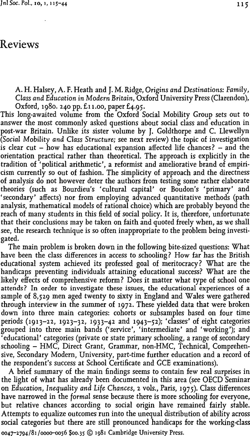 A. H. Halsey, A. F. Heath and J. M. Ridge, Origins and Destinations ...