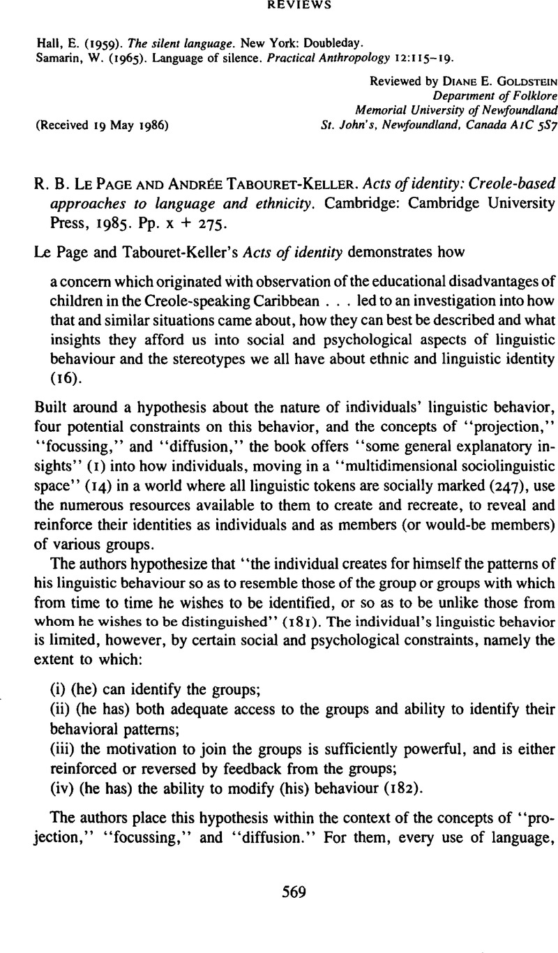 R. B. Le Page and Andrée Tabouret-Keller. Acts of identity: Creole ...