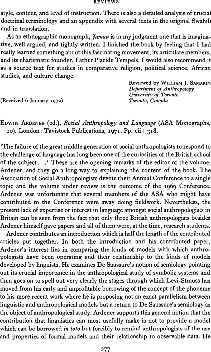 Edwin Ardener (ed.), Social Anthropology and Language (ASA Monographs ...