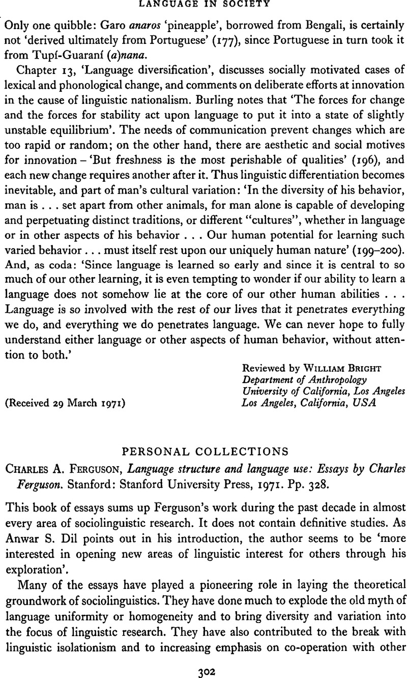 Charles A. Ferguson, Language structure and language use: Essays by ...