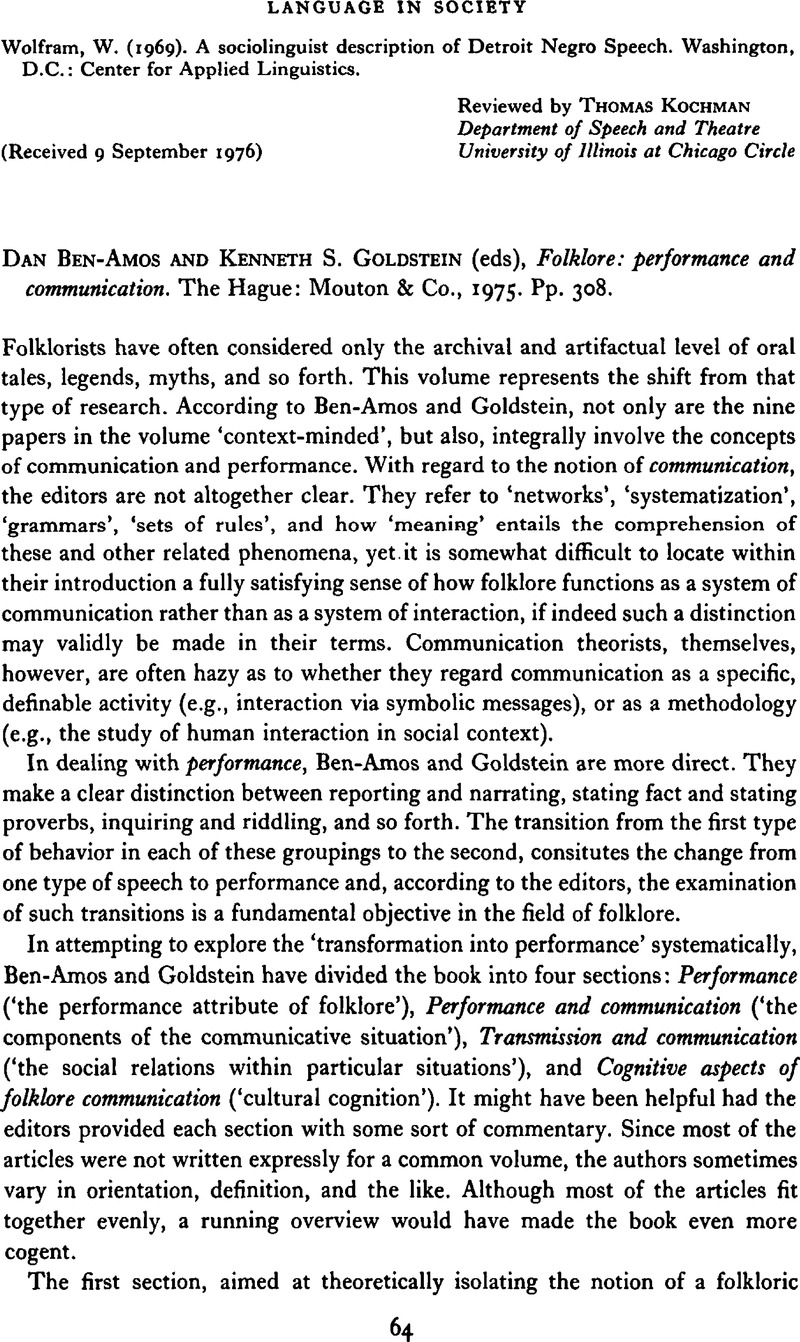 Dan Ben-Amos and Kenneth S. Goldstein (eds), Folklore: performance and ...