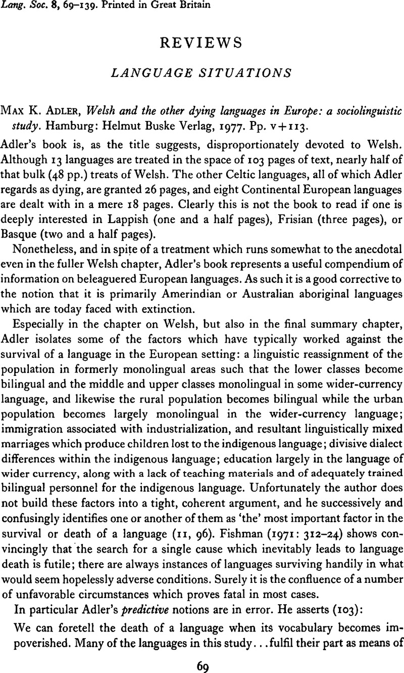 Language situations - Max K. Adler, Welsh and the other dying languages ...