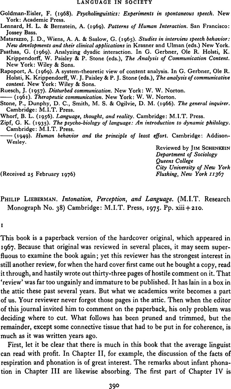 Philip Lieberman. Intonation, Perception, and Language. (M.I.T ...