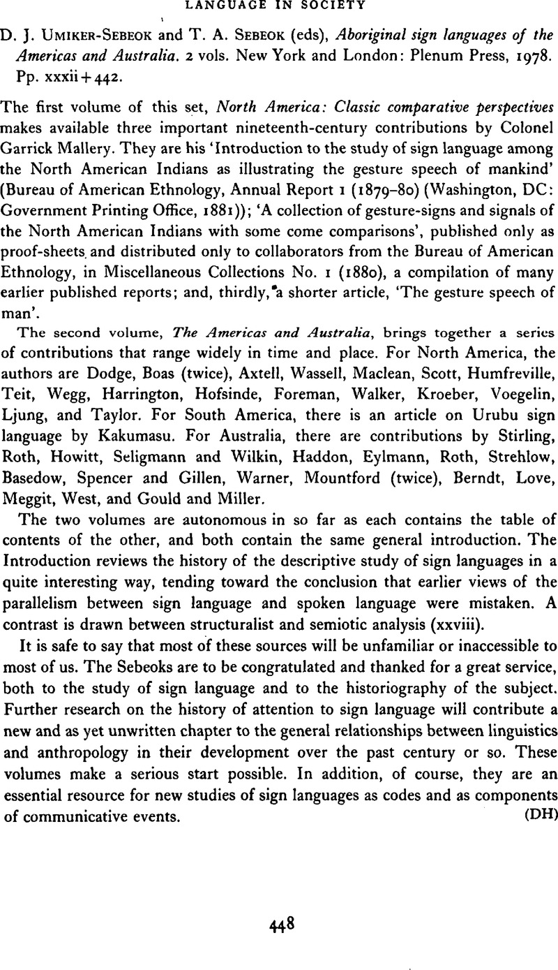 D. J. Umiker-Sebeok and T. A. Sebeok (eds), Aboriginal sign languages ...