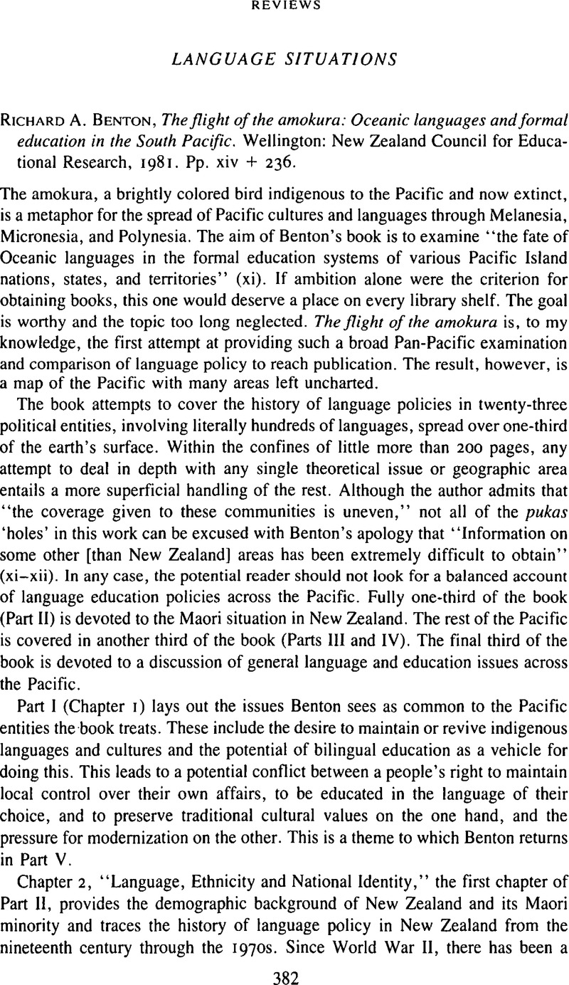 Richard A. Benton, The flight of the amokura: Oceanic languages and ...