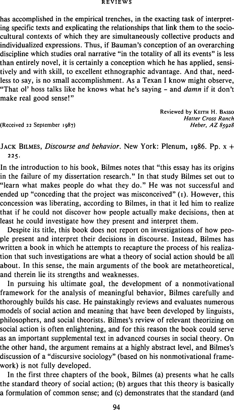 Jack Bilmes, Discourse and behavior. New York: Plenum, 1986. Pp. x ...