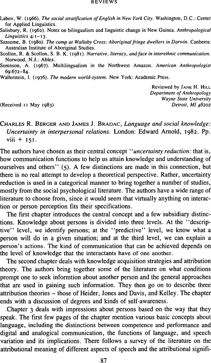 Charles R. Berger and James J. Bradac, Language and social knowledge ...
