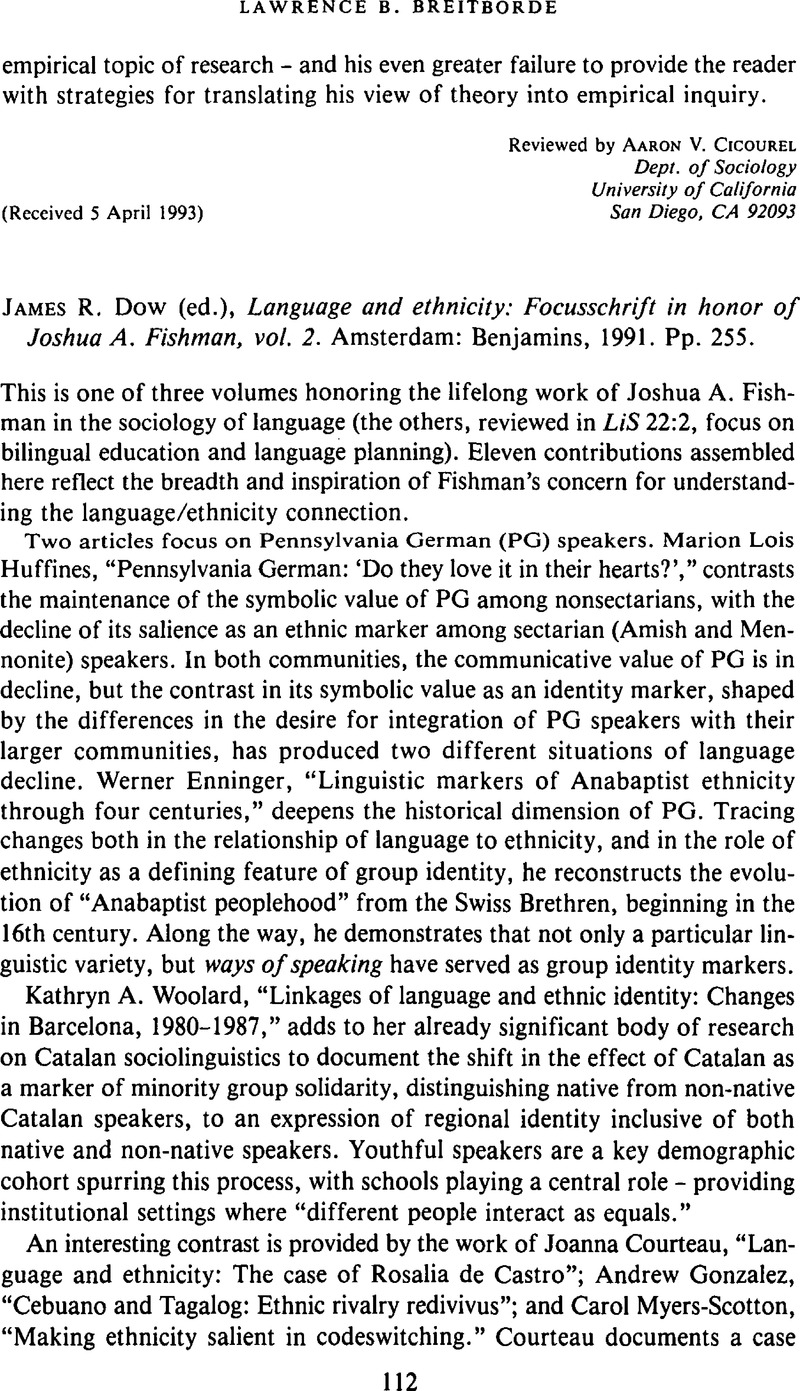 James R. Dow (ed.), Language and ethnicity: Focusschrift in honor of ...