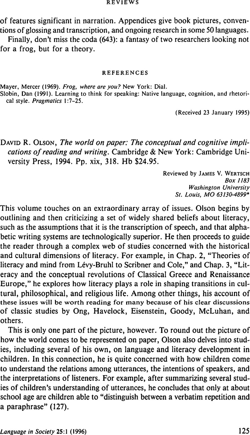 David R. Olson, The world on paper: The conceptual and cognitive ...