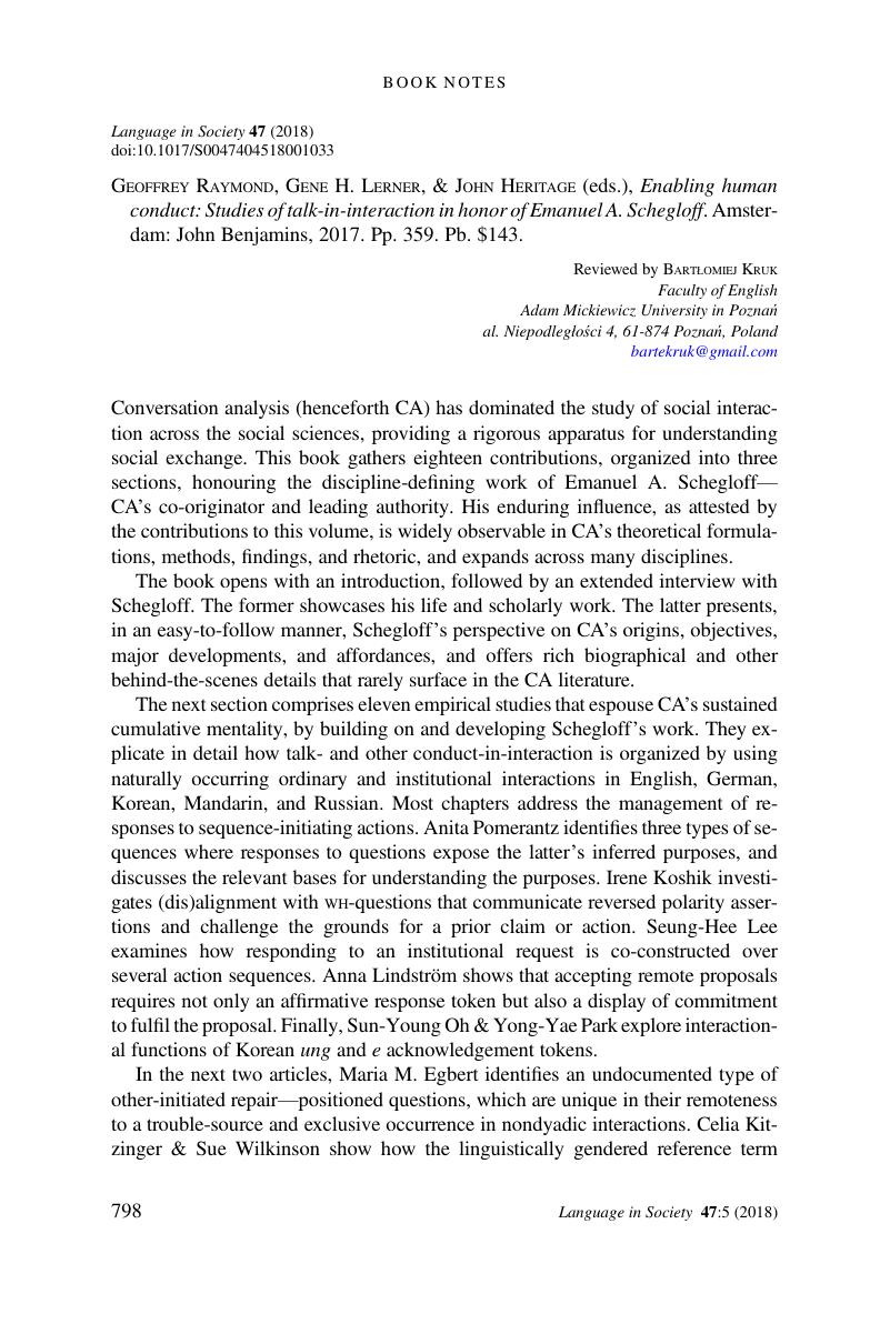 Geoffrey Raymond, Gene H. Lerner, & John Heritage (eds.), Enabling ...