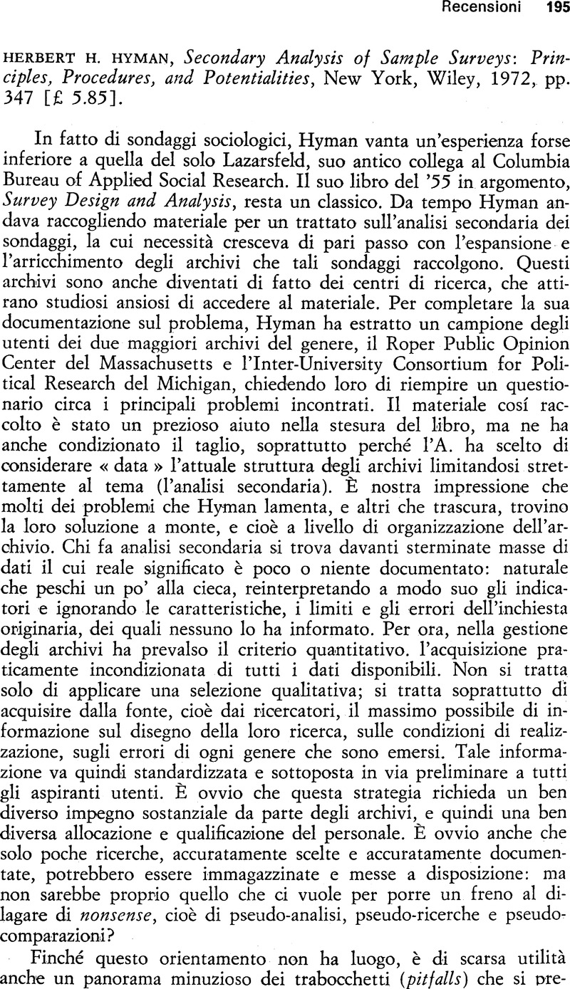 Herbert H. Hyman, Secondary Analysis of Sample Surveys: Principles ...