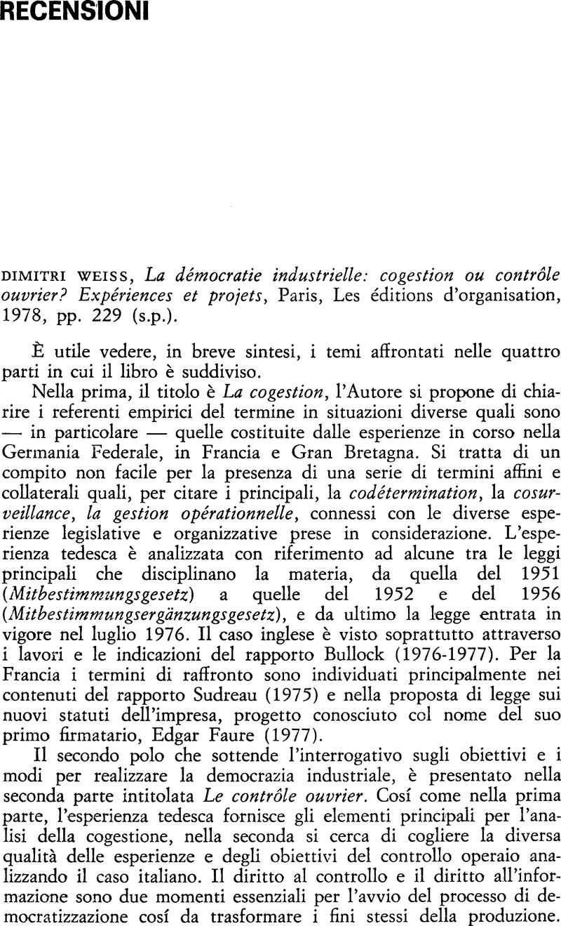 Dimitri Weiss, La démocratie industrielle: cogestion ou contrôle ...