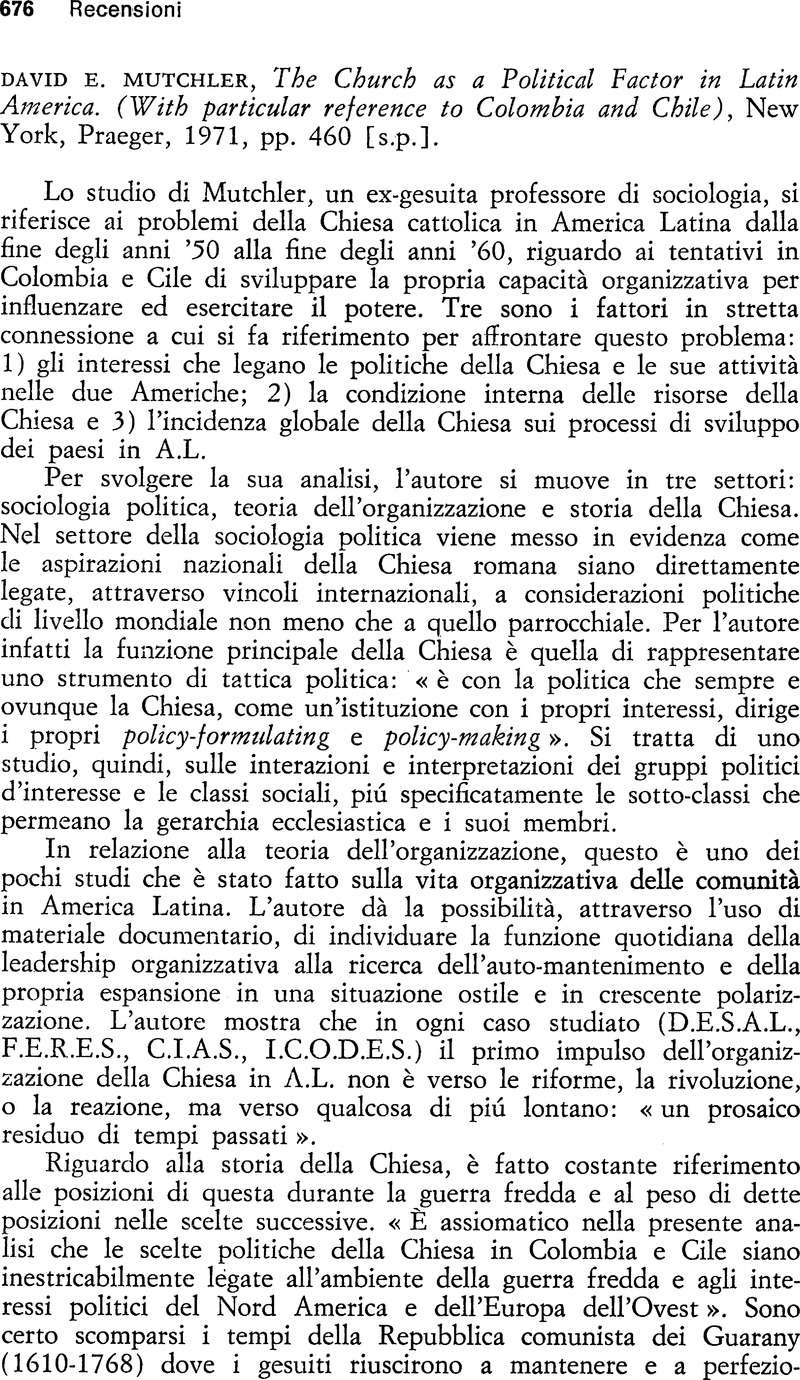 David E. Mutchler, The Church as a Political Factor in Latin America ...