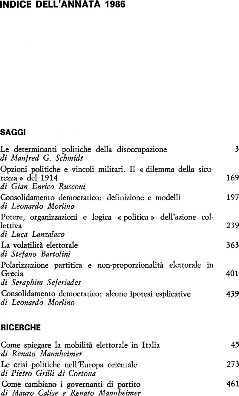 INDICE DELL'ANNATA 1986 | Italian Political Science Review / Rivista ...