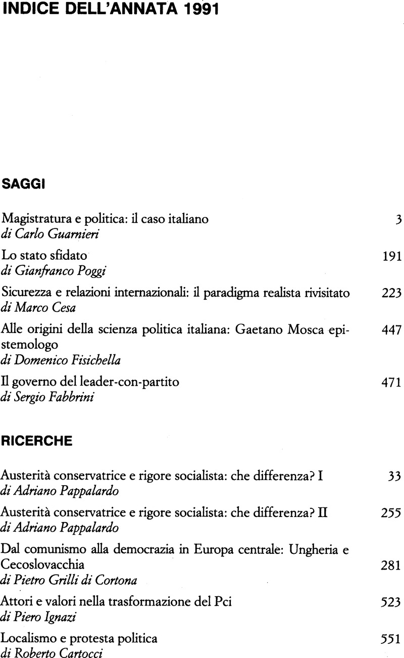 INDICE DELL'ANNATA 1991 | Italian Political Science Review / Rivista ...