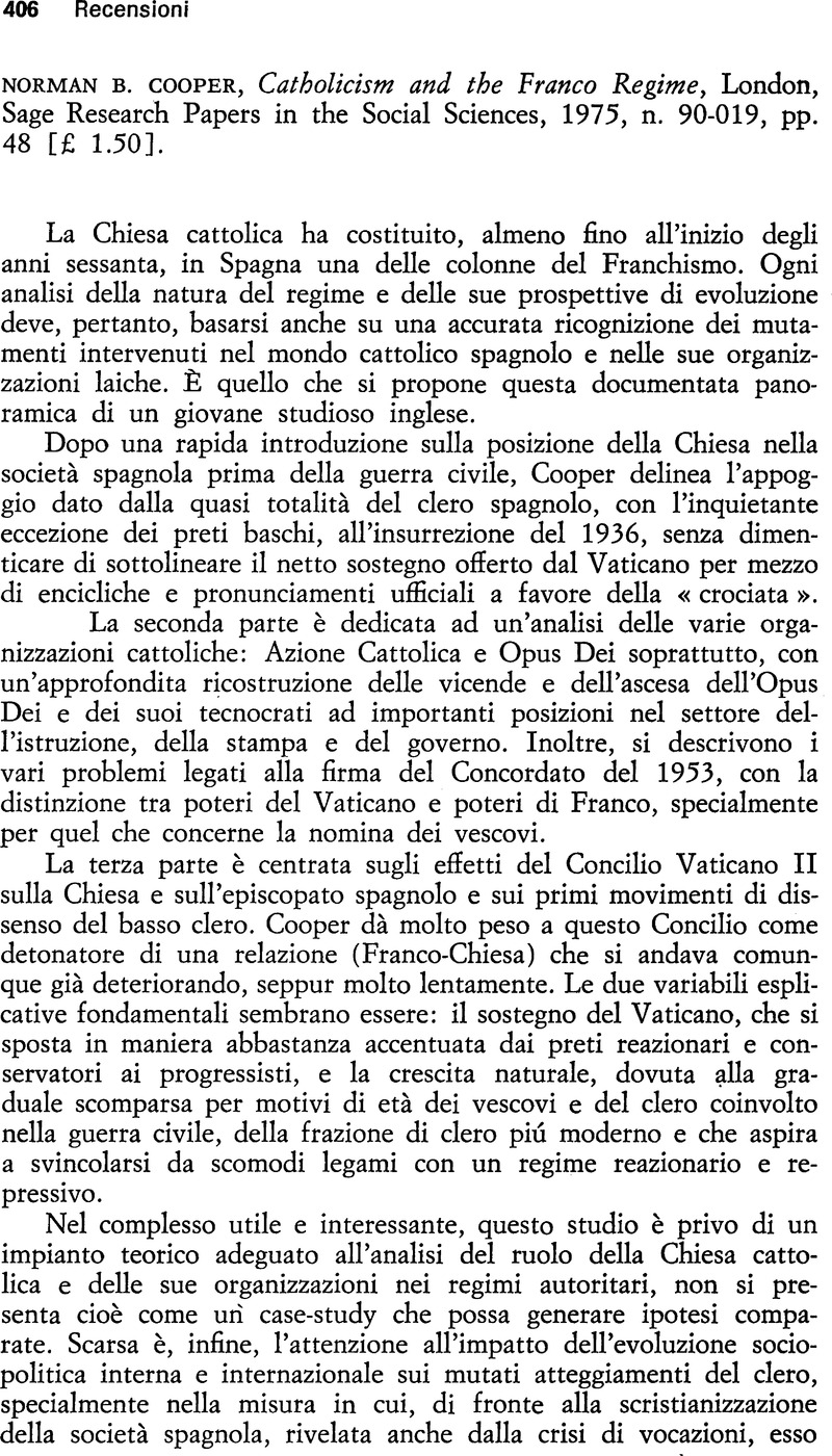 Norman B. Cooper, Catholicism and the Franco Regime, London, Sage ...
