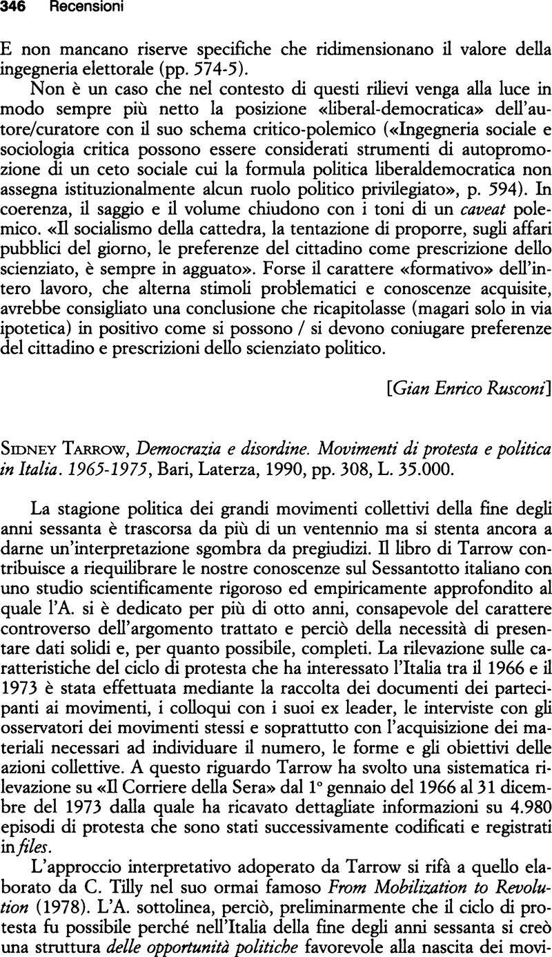 Sidney Tarrow, Democrazia e disordine. Movimenti di protesta e politica ...