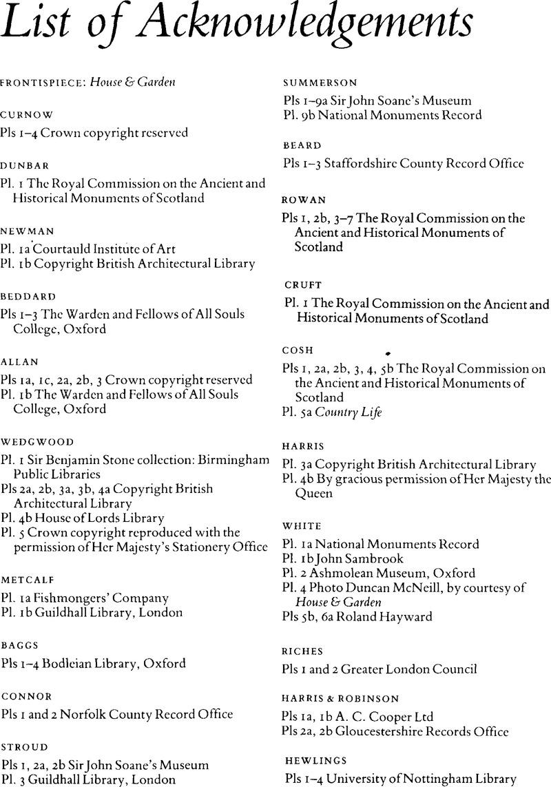 List of Acknowledgements | Architectural History | Cambridge Core