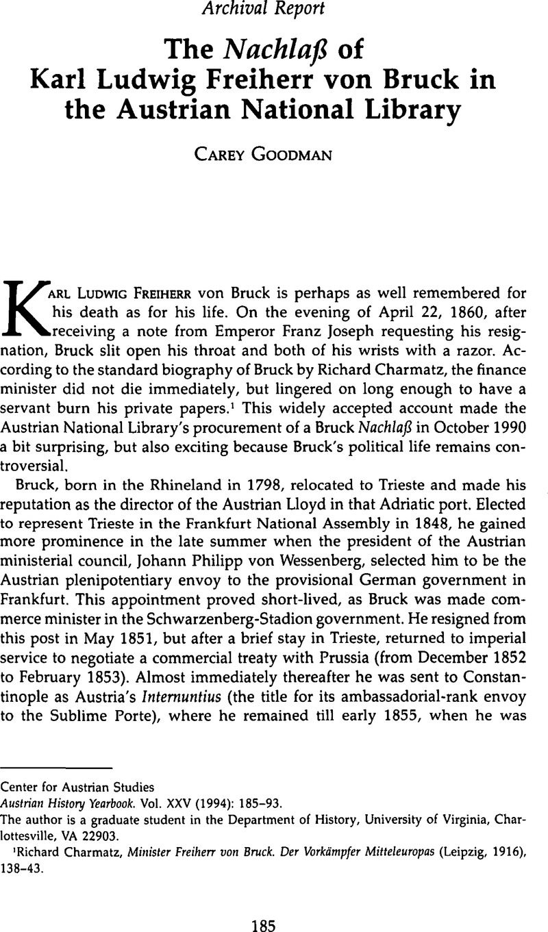 The Nachlaβ of Karl Ludwig Freiherr von Bruck in the Austrian National ...