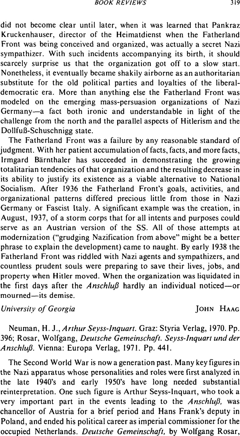 H. J. Neuman, Arthur Seyss-Inquart. Graz: Styria Verlag, 1970. Pp. 396 ...