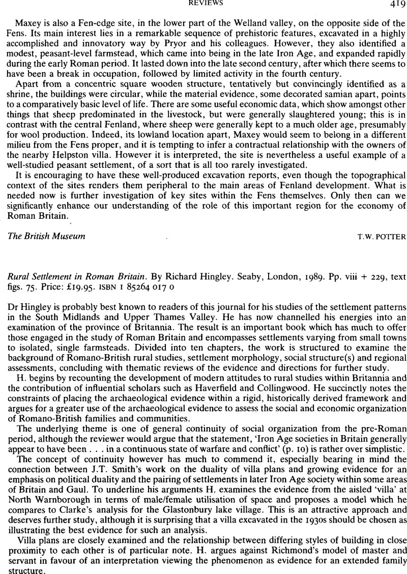 Rural Settlement in Roman Britain. By Richard Hingley. Seaby, London ...