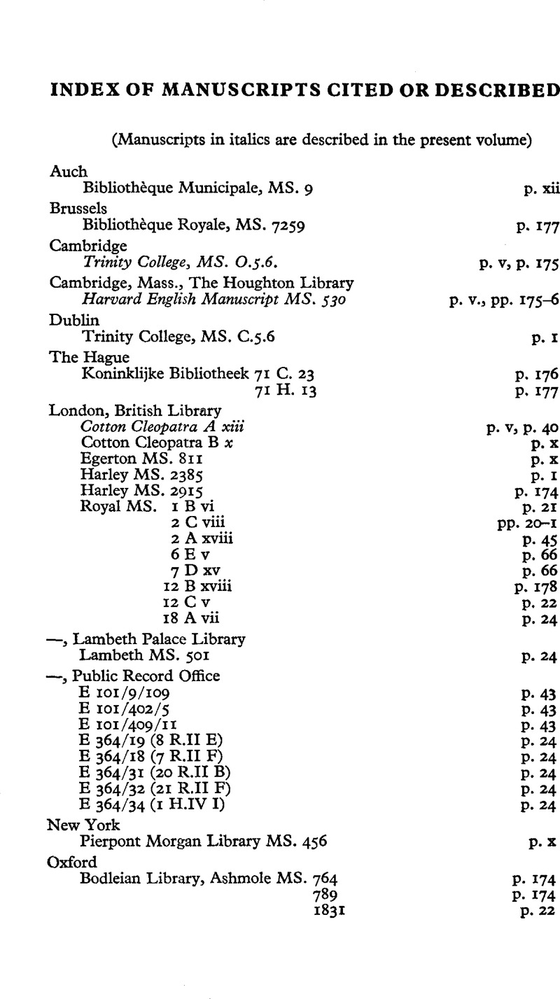 Index of Manuscripts Cited or Described | Camden Fourth Series ...