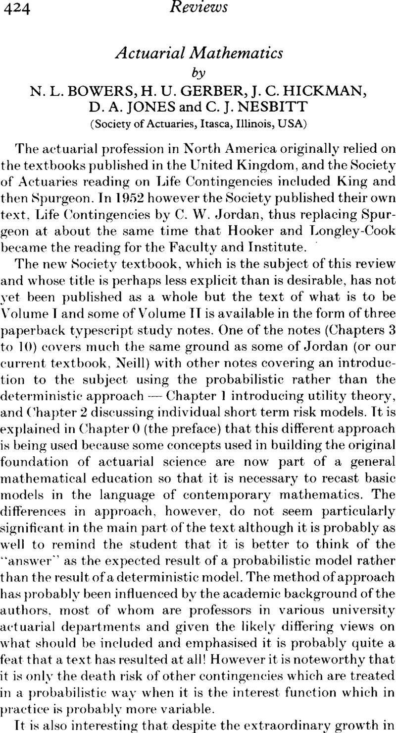 Actuarial Mathematics by N. L. Bowers, H. U. Gerber, J. C. Hickman, D ...