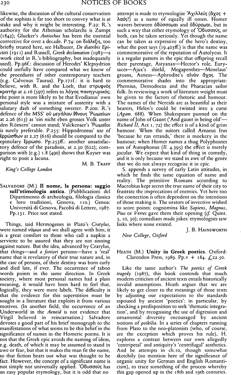 (M.) Heath Unity in Greek poetics.Oxford: Clarendon Press, 1989. Pp.v ...