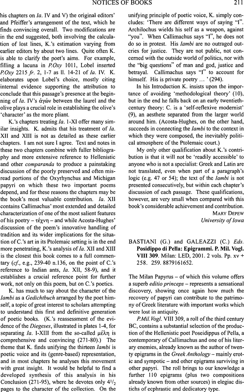 (G.) Bastiani and (C.) Galeazzi Eds. Posidippo di Pella: Epigrammi. P ...