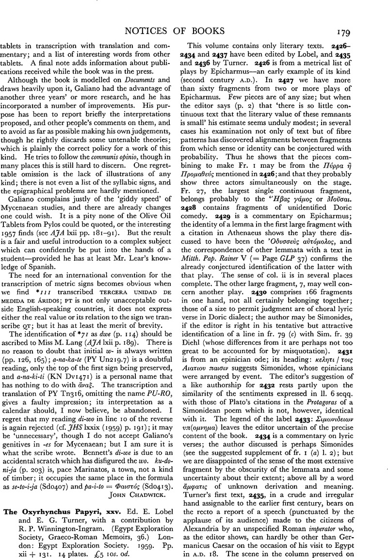 The Oxyrhynchus Papyri, xxv. Ed. E. Lobel and E. G. Turner, with a ...